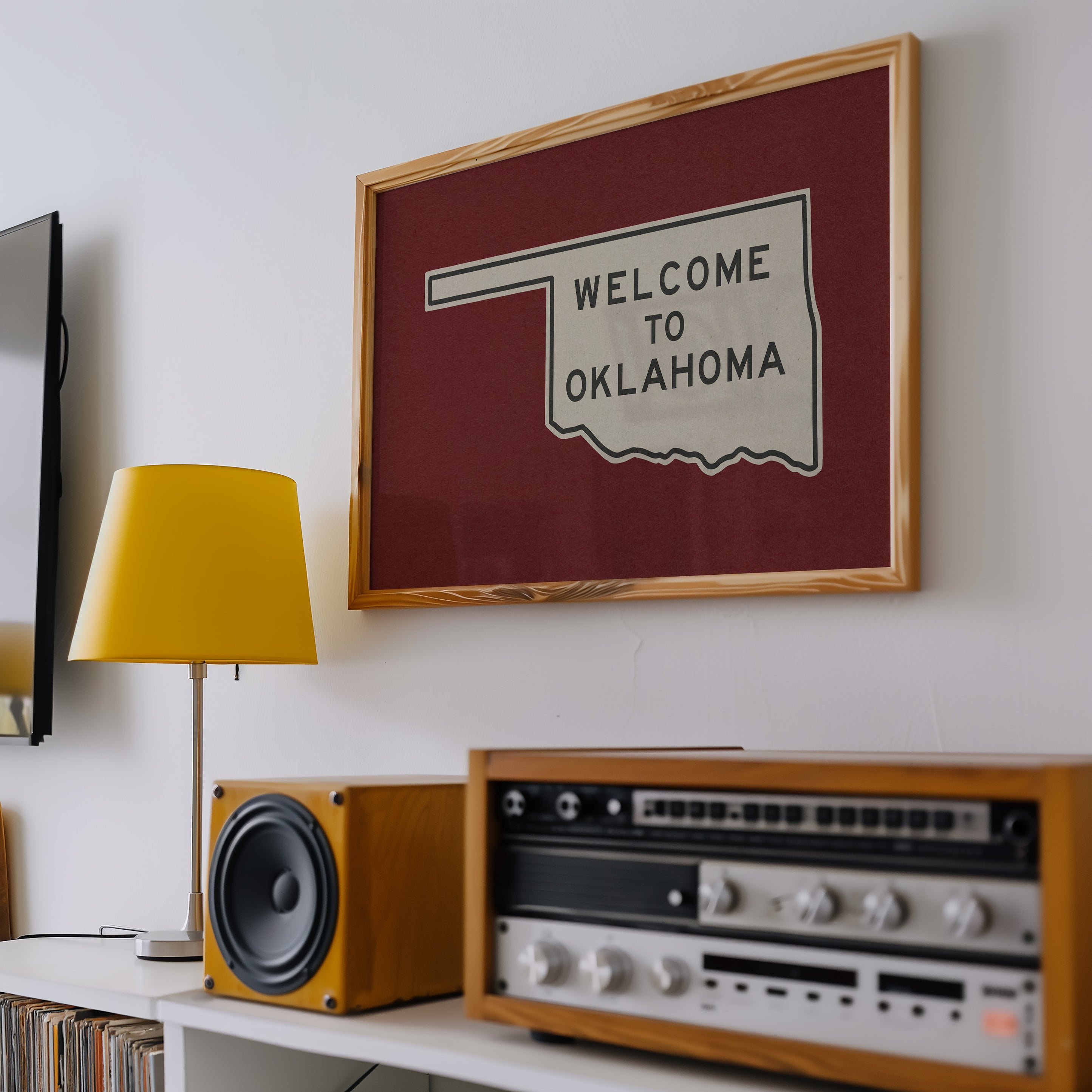 Welcome To Oklahoma Vintage Crimson Road Sign Art Print – Tejas Country Club