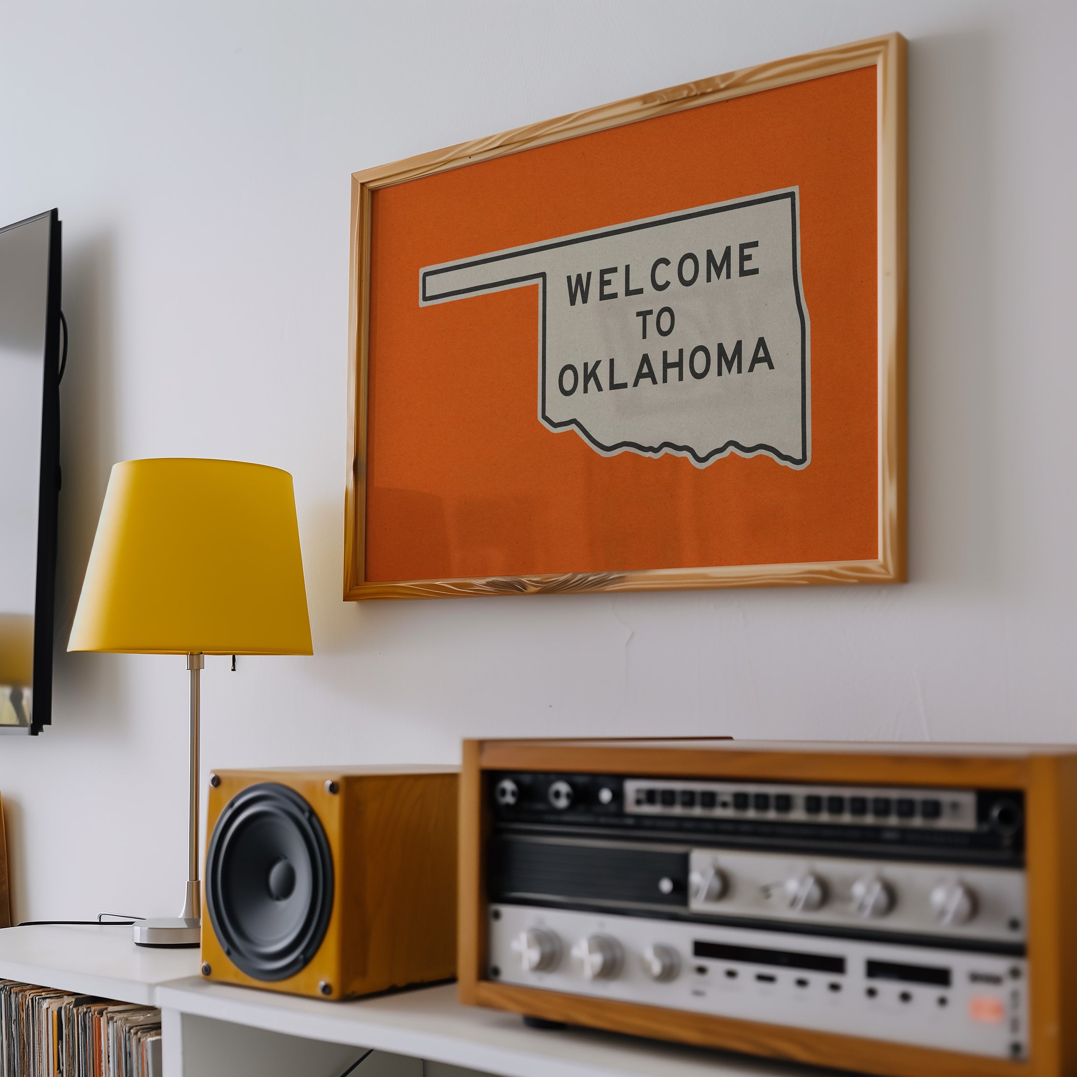 Welcome To Oklahoma Vintage Orange Road Sign Art Print – Tejas Country Club