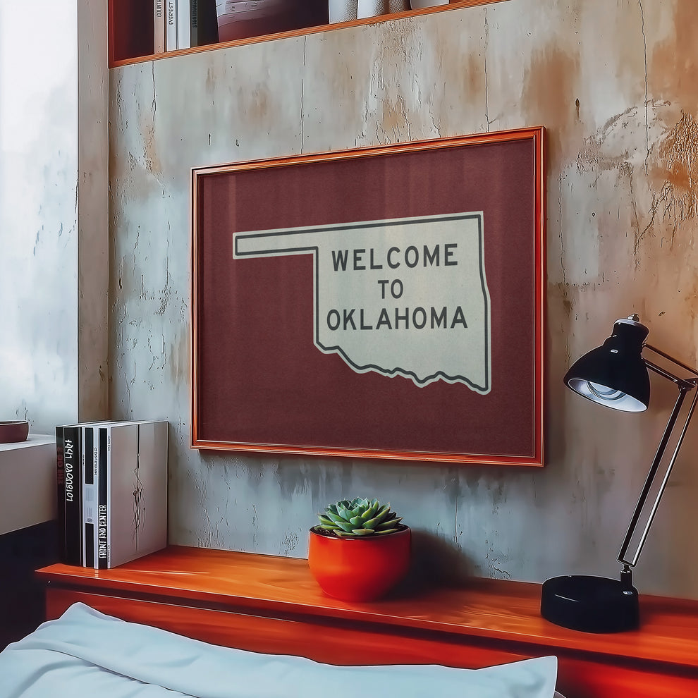 Welcome To Oklahoma Vintage Crimson Road Sign Art Print – Tejas Country Club