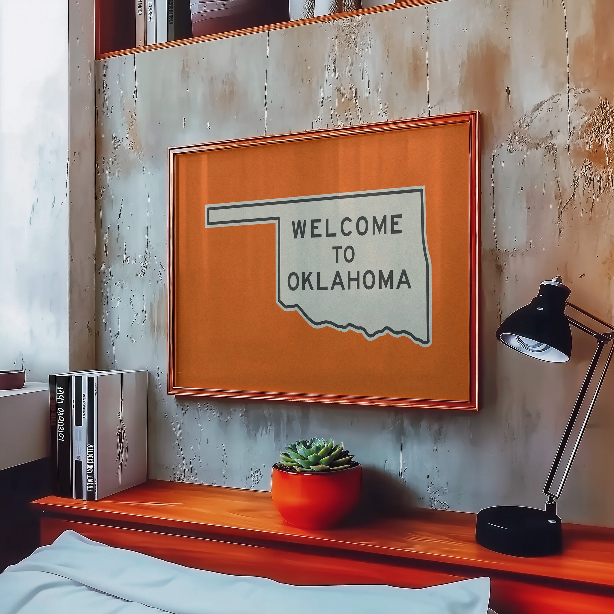 Welcome To Oklahoma Vintage Orange Road Sign Art Print – Tejas Country Club